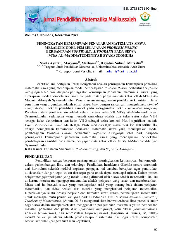 (PDF) PENINGKATAN KEMAMPUAN PENALARAN MATEMATIS SISWA MELALUI MODEL PEMBELAJARAN PROBLEM POSING ...