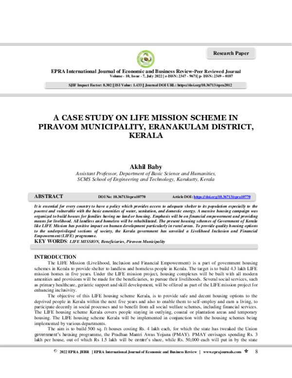 (PDF) A Case Study on Life Mission Scheme in Piravom Municipality ...