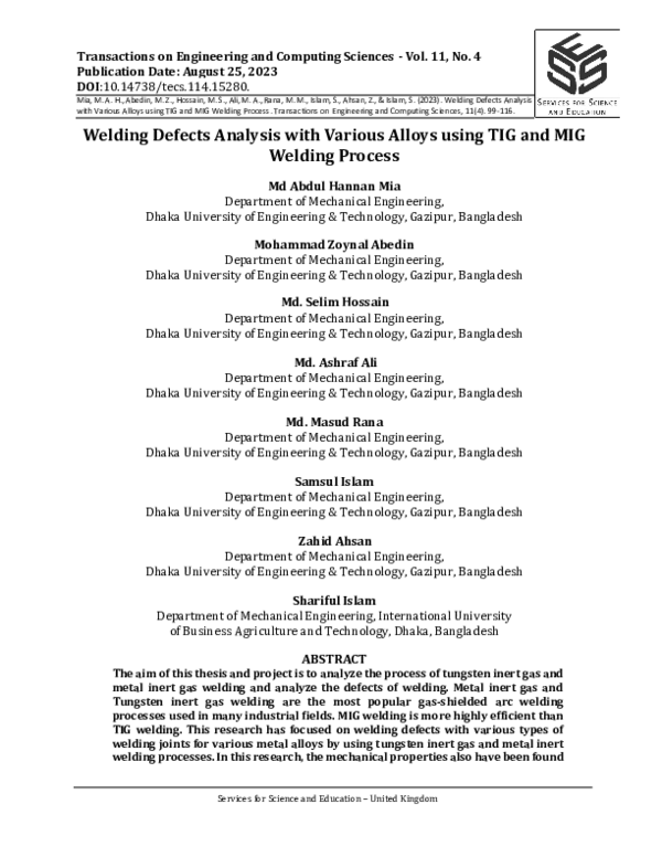 (PDF) Welding Defects Analysis with Various Alloys using TIG and MIG ...