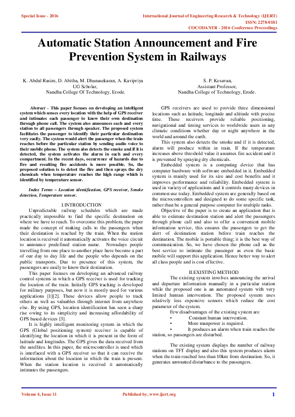 (PDF) Automatic Station Announcement and Fire Prevention System in Railways