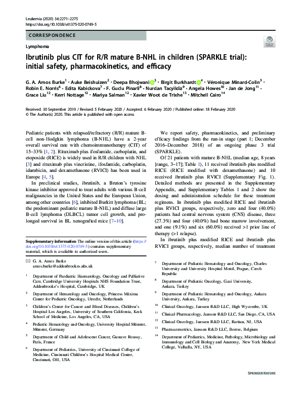 Ibrutinib plus CIT for R/R mature B-NHL in children (SPARKLE trial): initial safety ...