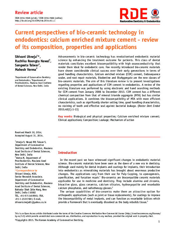 (PDF) Current perspectives of bio-ceramic technology in endodontics ...