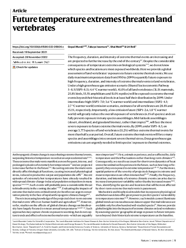 (PDF) Future temperature extremes threaten land vertebrates | Shai ...