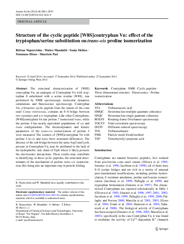 (PDF) Structure of the cyclic peptide [W8S]contryphan Vn: effect of the ...