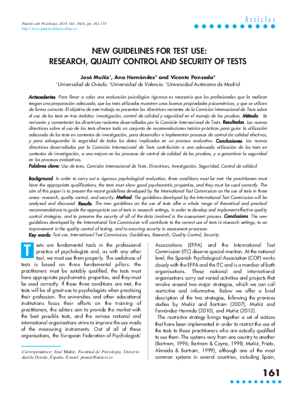 (PDF) New Guidelines for Test Use: Research, Quality Control and ...