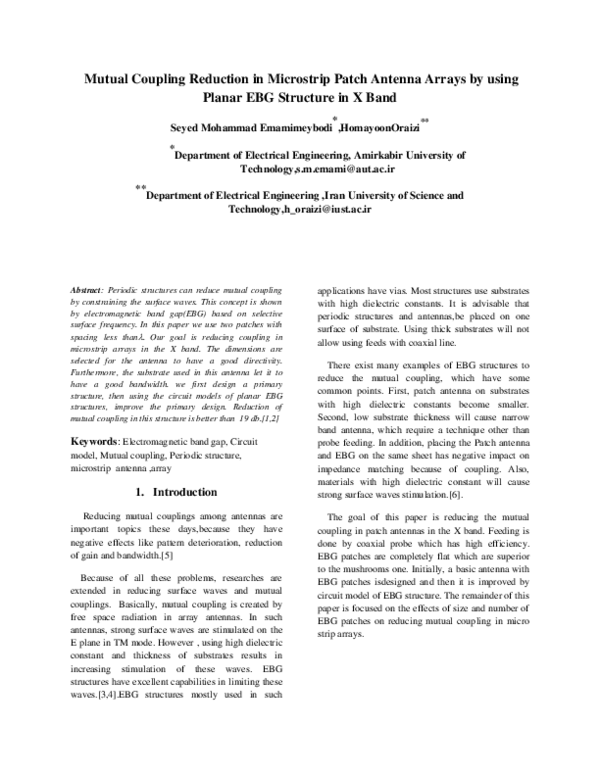 Pdf Mutual Coupling Reduction In Microstrip Patch Antenna Arrays By Using Planar Ebg Structure