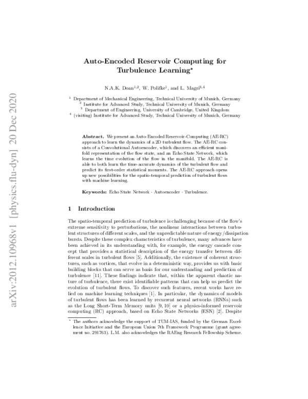 (PDF) Auto-Encoded Reservoir Computing for Turbulence Learning