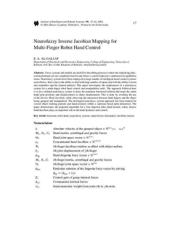 (PDF) Neurofuzzy Inverse Jacobian Mapping for Multi-Finger Robot Hand Control