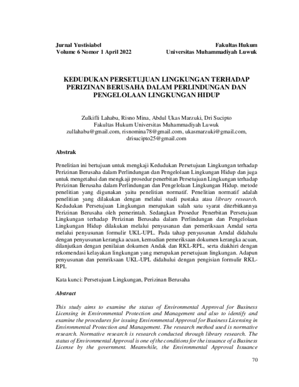 (PDF) Kedudukan Persetujuan Lingkungan Terhadap Perizinan Berusaha ...