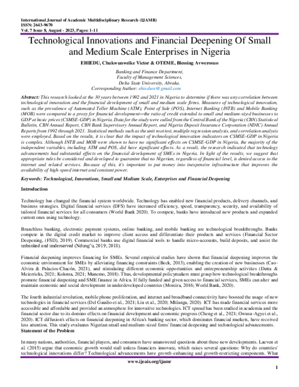 (PDF) Technological Innovations and Financial Deepening Of Small and Medium Scale Enterprises in ...