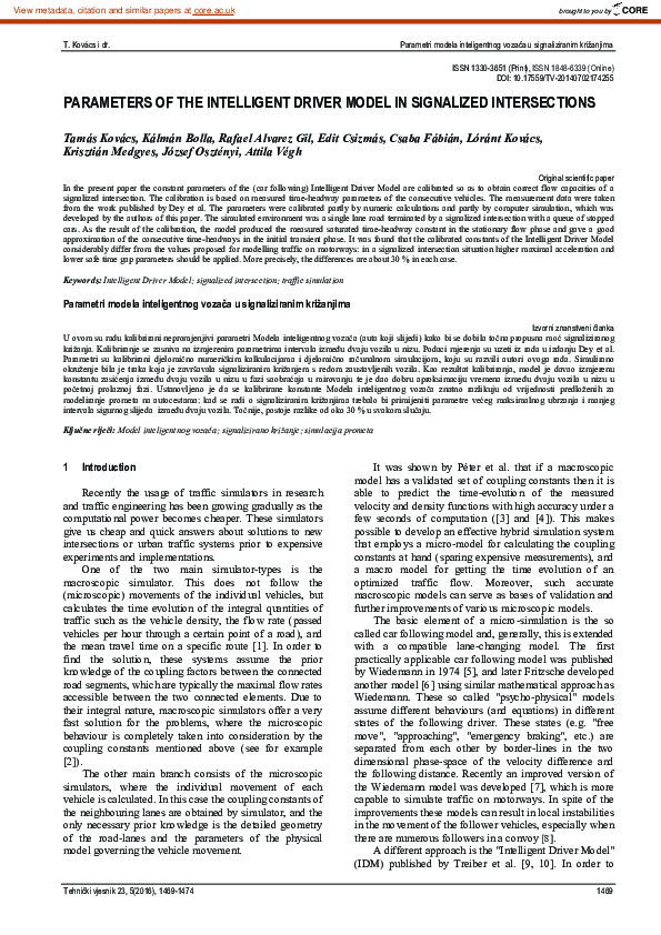 (PDF) Parameters of the intelligent driver model in signalized intersections