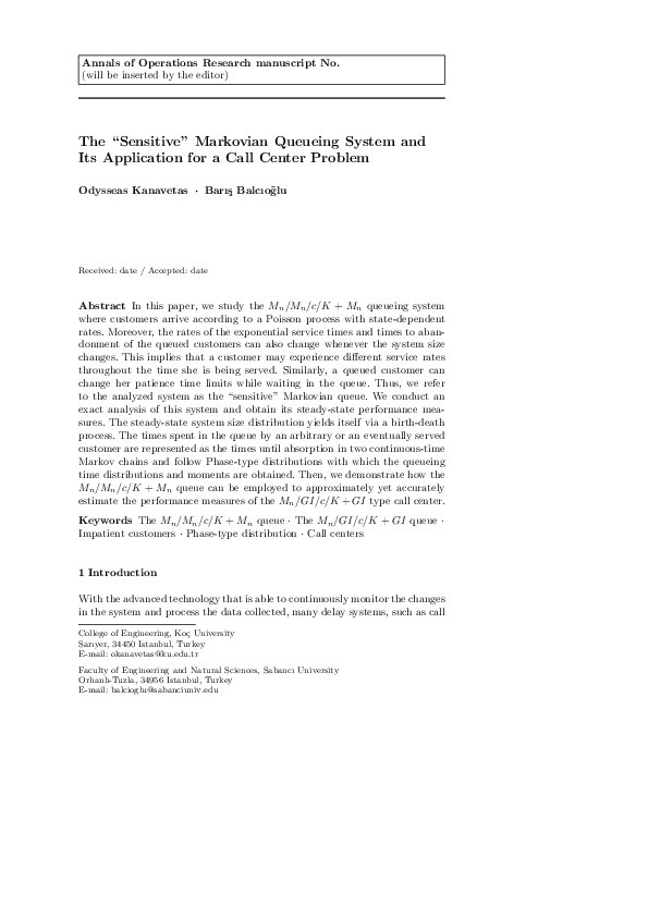 (PDF) The “Sensitive” Markovian queueing system and its application for a call center problem