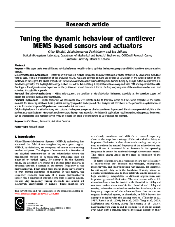 Pdf Tuning The Dynamic Behaviour Of Cantilever Mems Based Sensors And