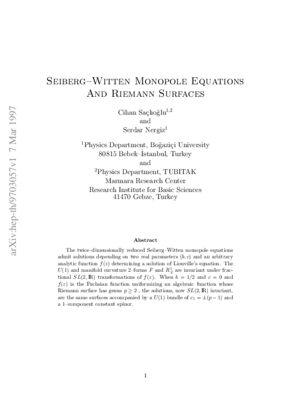 (PDF) Seiberg-Witten monopole equations and Riemann surfaces