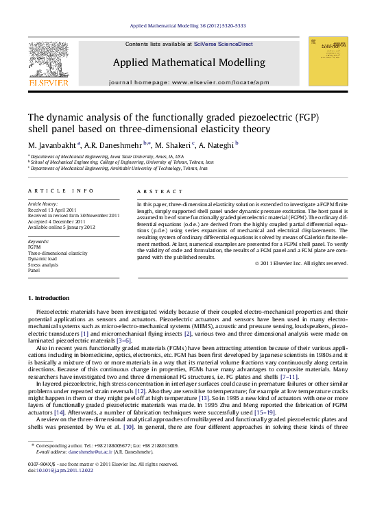 (PDF) The dynamic analysis of the functionally graded piezoelectric (FGP) shell panel based on ...