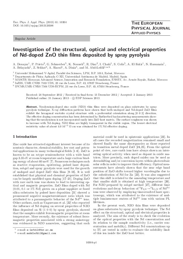 (PDF) Investigation of the structural, optical and electrical properties of Nd-doped ZnO thin ...