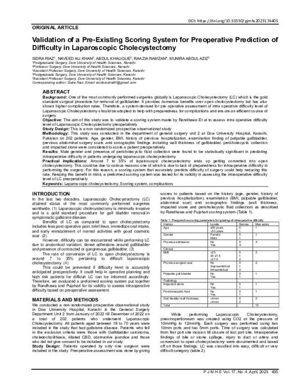 (PDF) Validation of a Pre-Existing Scoring System for Preoperative Prediction of Difficulty in ...