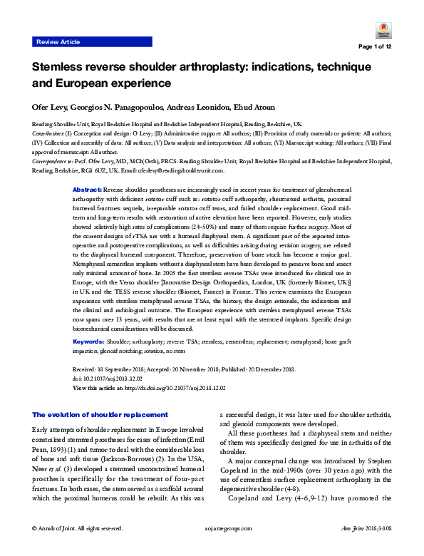 (PDF) Stemless reverse shoulder arthroplasty: indications, technique ...
