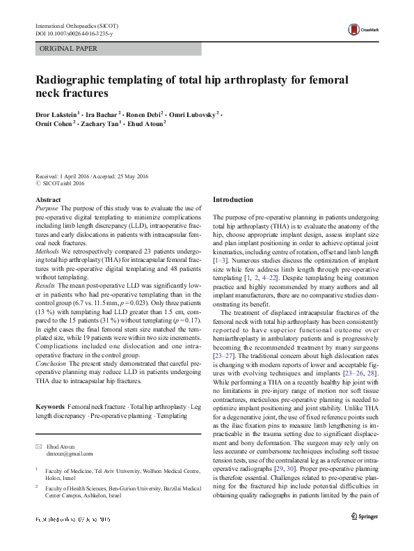 (PDF) Radiographic templating of total hip arthroplasty for femoral ...