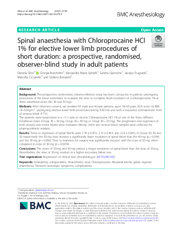 (PDF) Spinal anaesthesia with Chloroprocaine HCl 1% for elective lower ...
