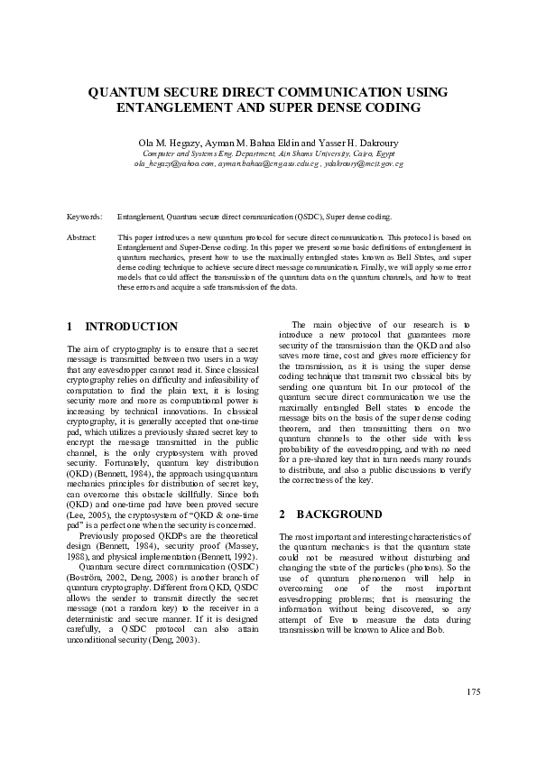 (PDF) Quantum Secure Direct Communication using Entanglement and Super Dense Coding