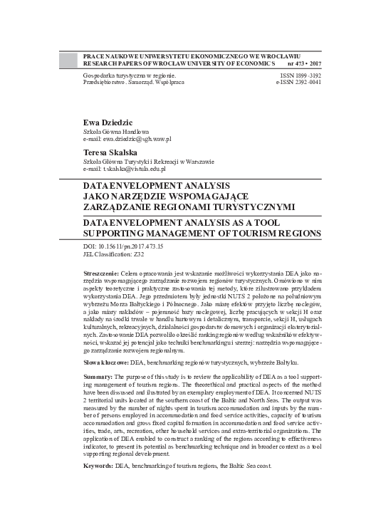 (PDF) Data Envelopment Analysis as a Tool Supporting Management of Tourism Regions