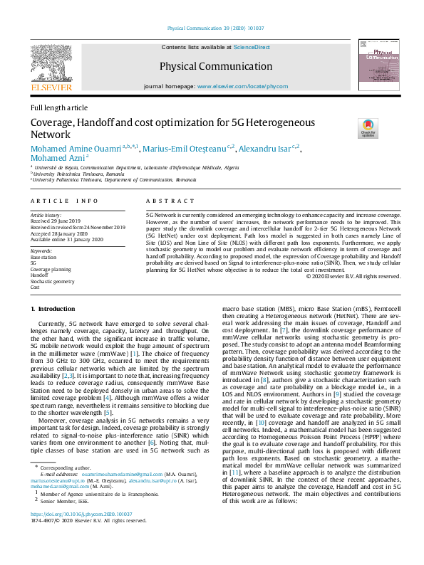 (PDF) Coverage, Handoff and cost optimization for 5G Heterogeneous Network