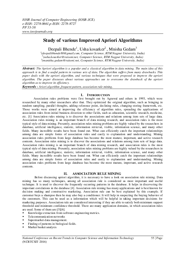 (PDF) Study of various Improved Apriori Algorithms