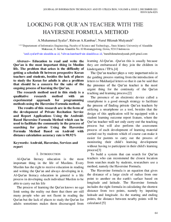 (PDF) Looking for Qur’An Teacher with the Haversine Formula Method