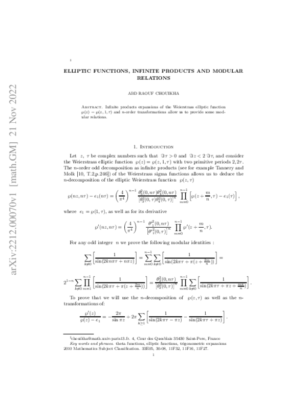 (PDF) Elliptic functions, infinite products and modular relations | Abd ...