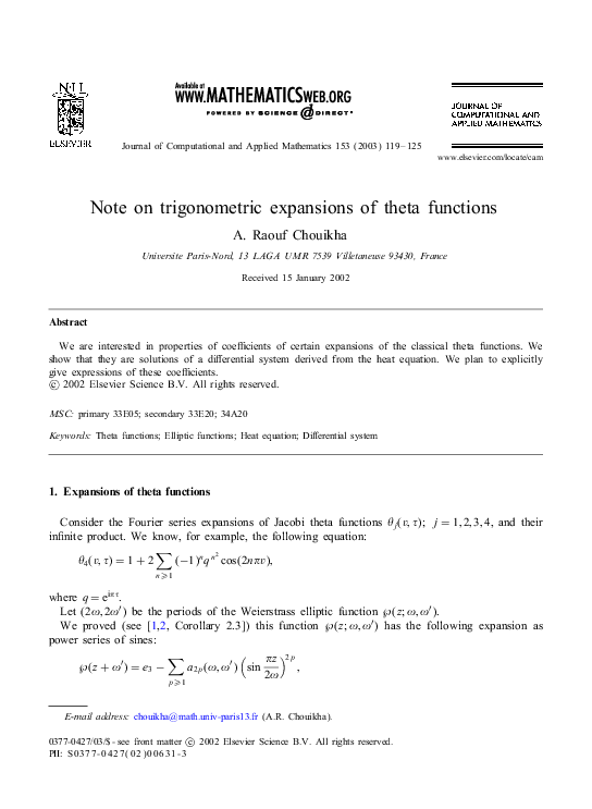 (PDF) Note on trigonometric expansions of theta functions