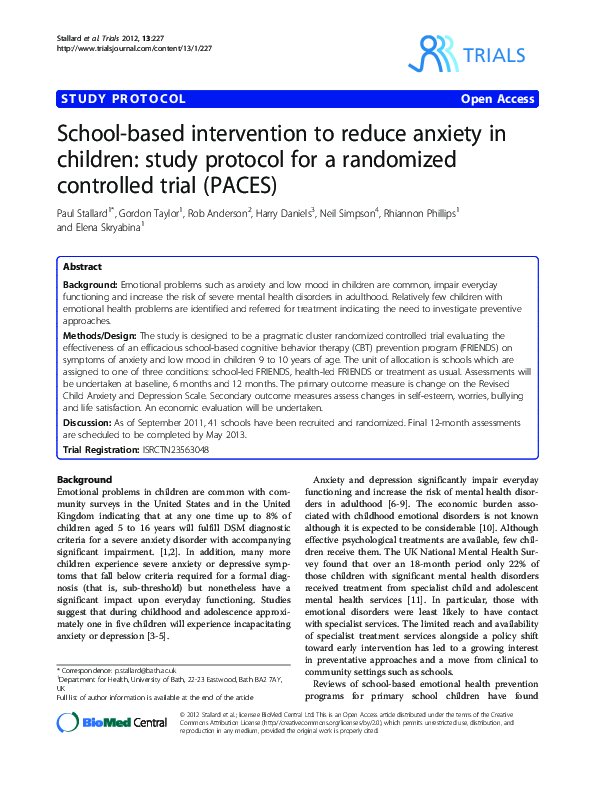 (PDF) School-based intervention to reduce anxiety in children: study ...