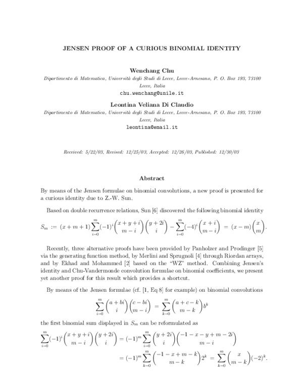 (PDF) Jensen Proof of a Curious Binomial Identity