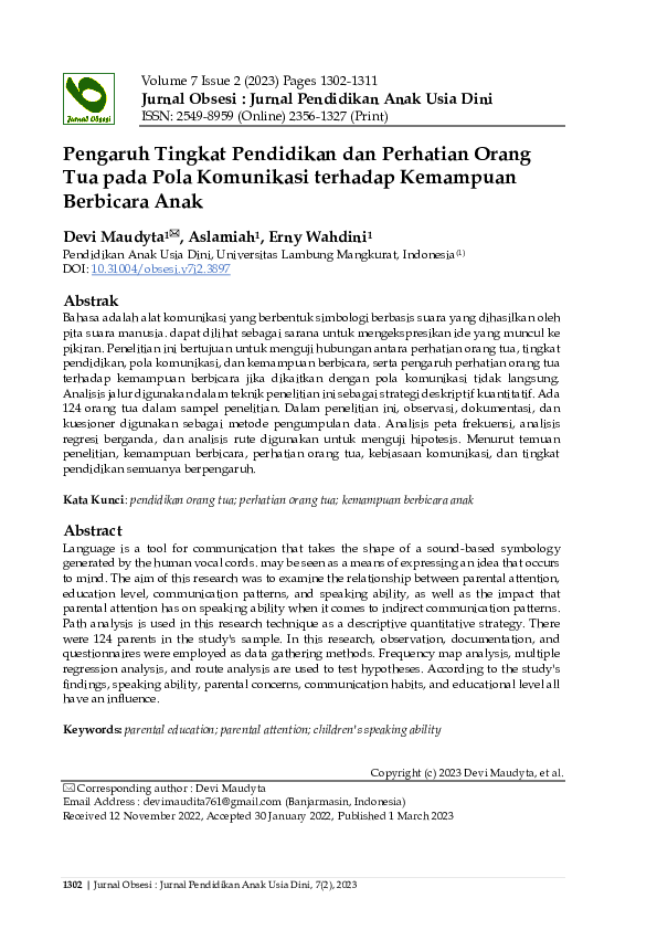 (PDF) Pengaruh Tingkat Pendidikan dan Perhatian Orang Tua pada Pola Komunikasi terhadap ...