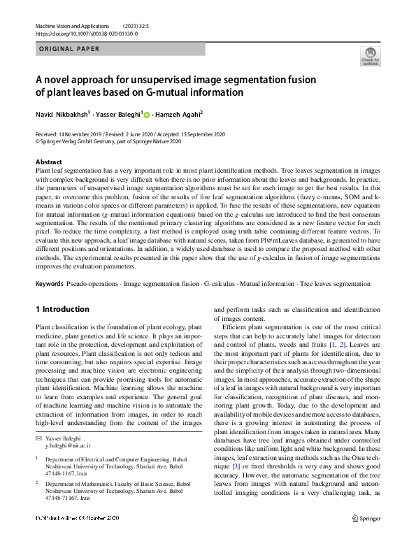 (PDF) A novel approach for unsupervised image segmentation fusion of plant leaves based on G ...