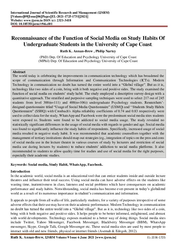 (PDF) Reconnaissance of the Function of Social Media on Study Habits Of ...