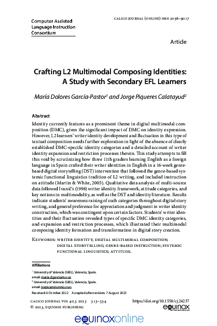 (PDF) Crafting L2 Multimodal Composing Identities : A Study with Secondary EFL Learners