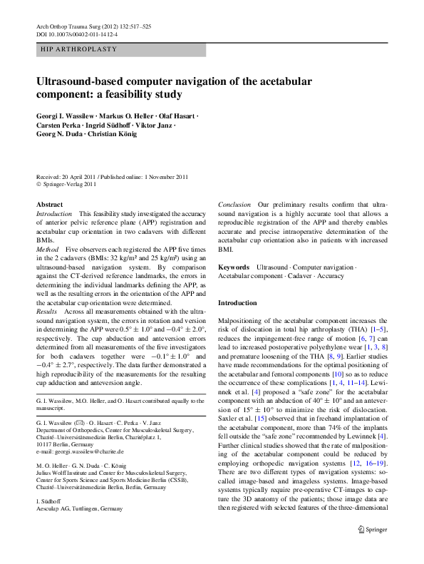 (PDF) Ultrasound-based computer navigation of the acetabular component: a feasibility study