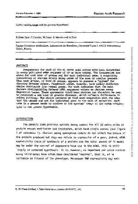 Pdf Codon Catalog Usage And The Genome Hypothesis 0183