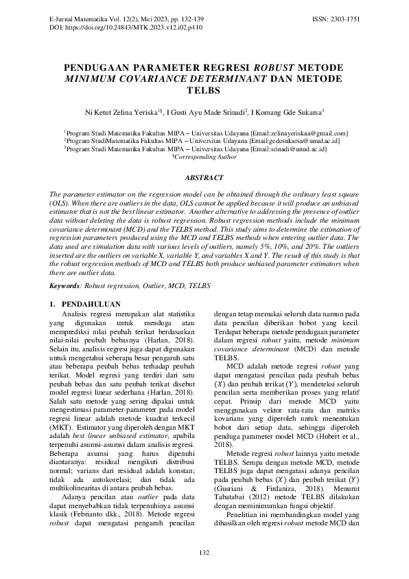 (PDF) Pendugaan Parameter Regresi Robust Metode Minimum Covariance Determinant Dan Metode Telbs