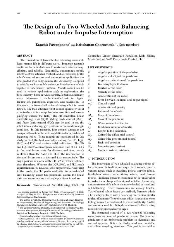 (PDF) Design of a Two-Wheeled Auto-Balancing Robot under Impulse Interruption