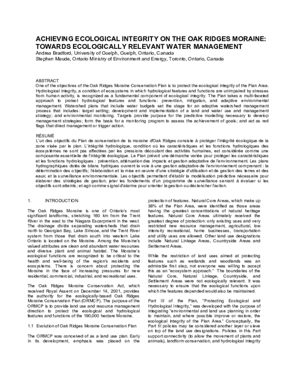 (PDF) Achieving Ecological Integrity on the Oak Ridges Moraine: Towards ...