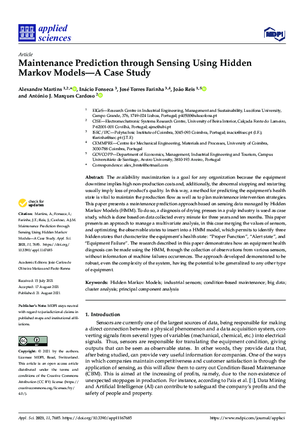Pdf Maintenance Prediction Through Sensing Using Hidden Markov Models
