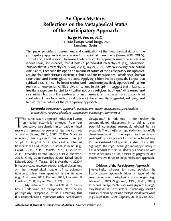 (PDF) Metaphysical Status of the Participatory Approach An Open Mystery ...