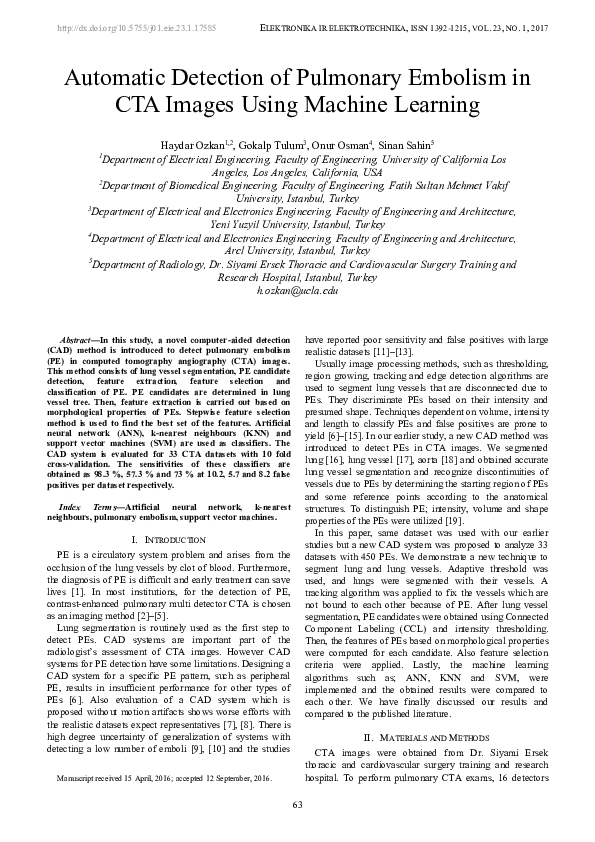 Automatic Detection Of Pulmonary Embolism In Cta Images Using Machine