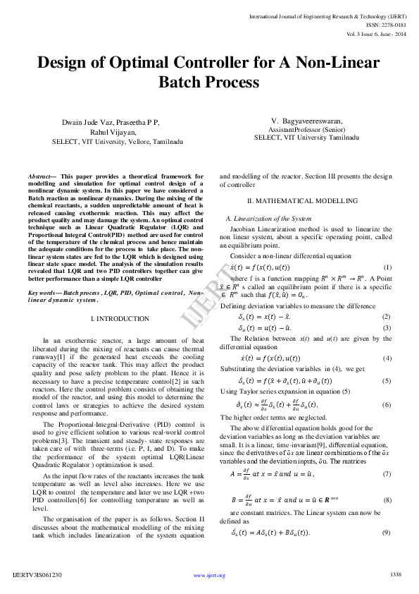 (PDF) Design of Optimal Controller for A Non-Linear Batch Process
