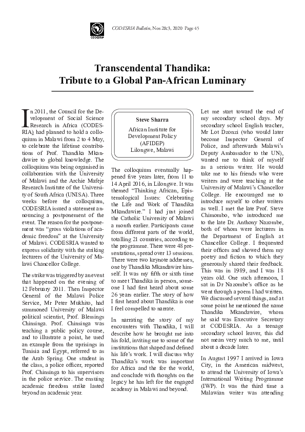 (PDF) 9 - Transcendental Thandika: Tribute to a Global Pan-African Luminary