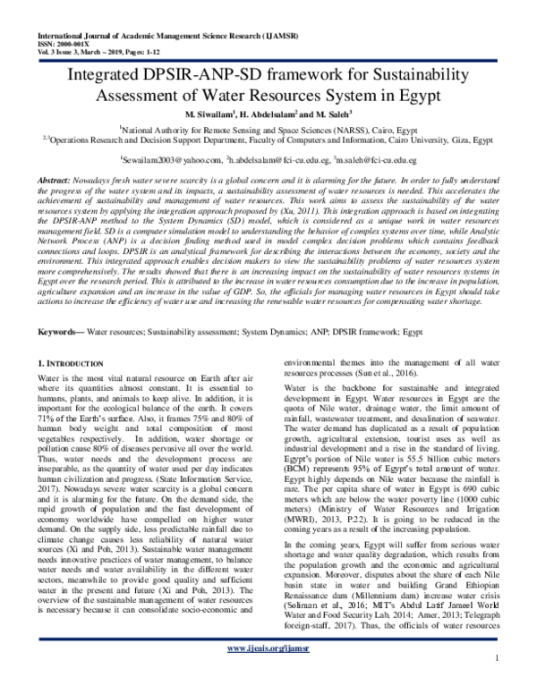 (PDF) Integrated DPSIR-ANP-SD framework for Sustainability Assessment of Water Resources System ...