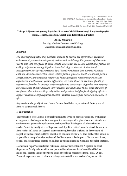 (PDF) College Adjustment among Bachelor Students: Multidimensional ...
