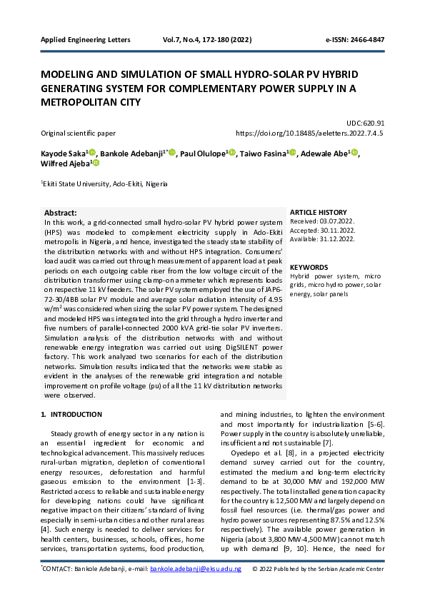 Pdf Modeling And Simulation Of Small Hydro Solar Pv Hybrid Generating System For Complementary
